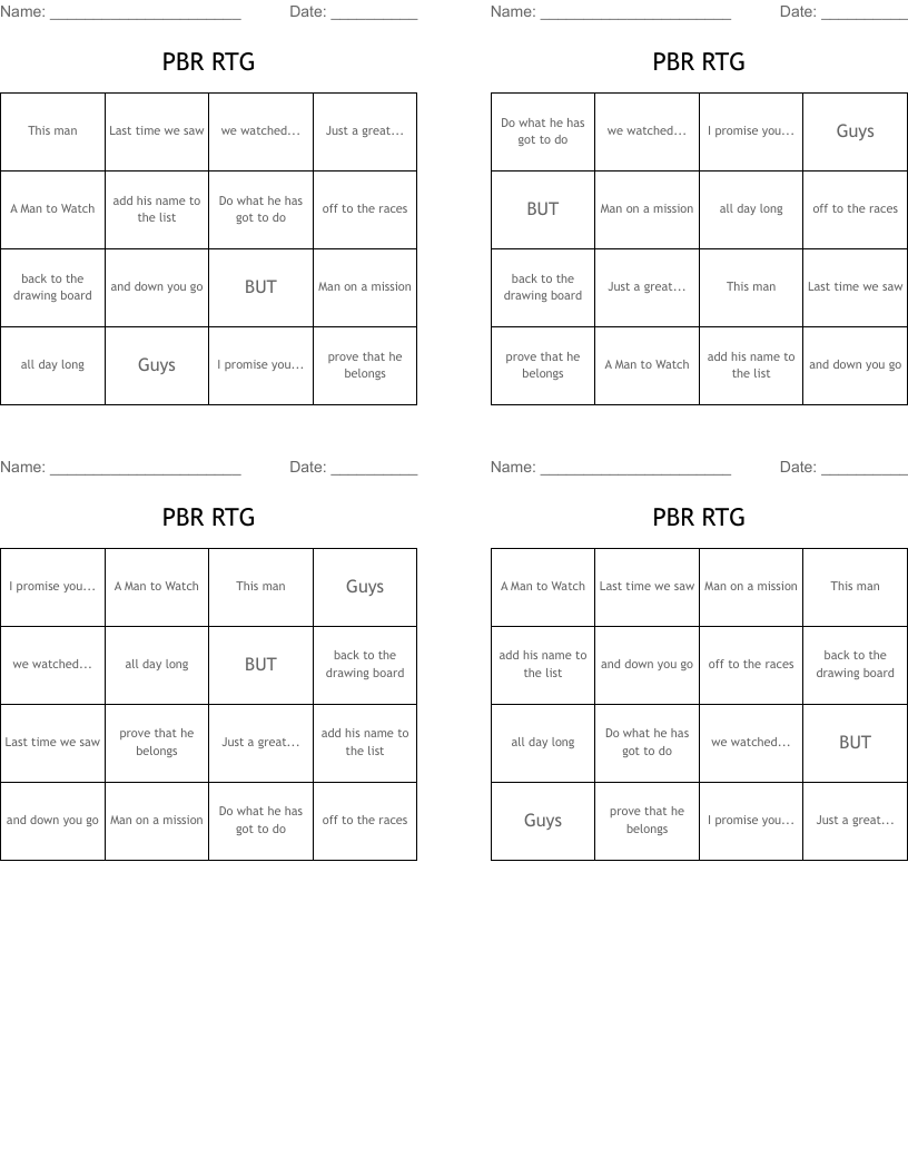 PBR RTG Bingo Cards - WordMint