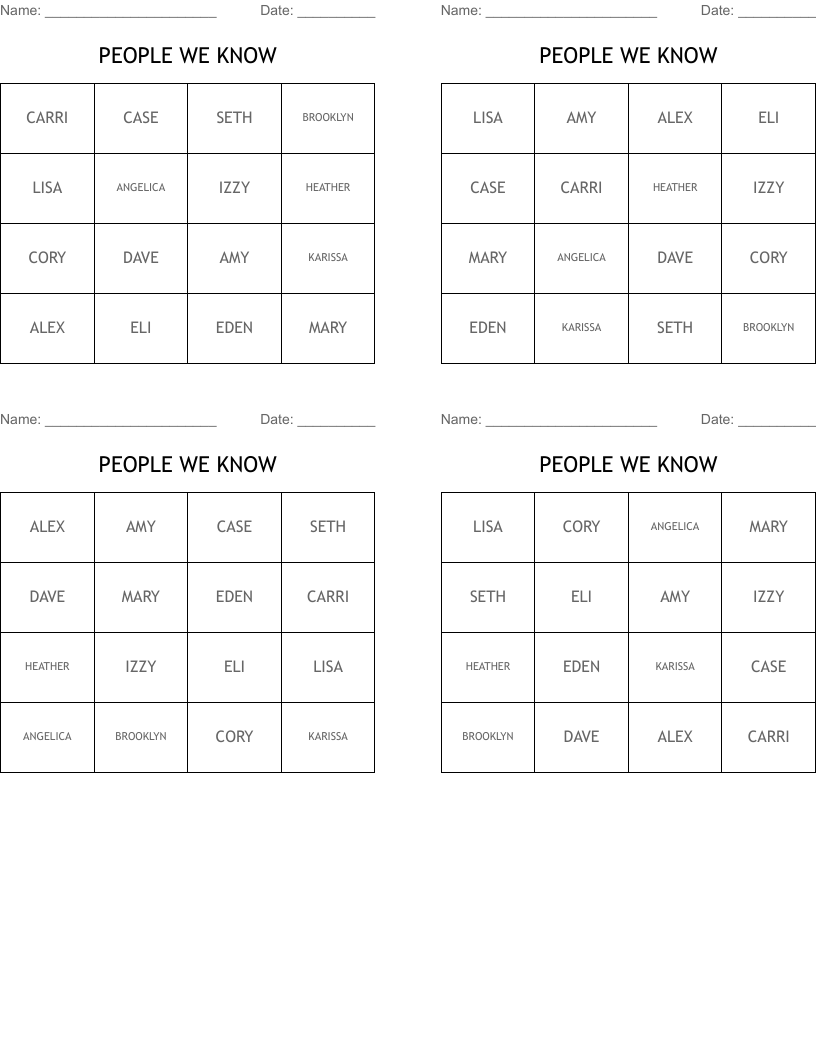 PEOPLE WE KNOW Bingo Cards - WordMint