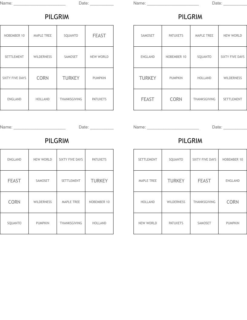 PILGRIM Bingo Cards - WordMint