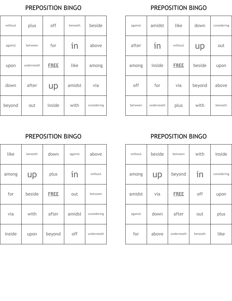 PREPOSITION BINGO - WordMint