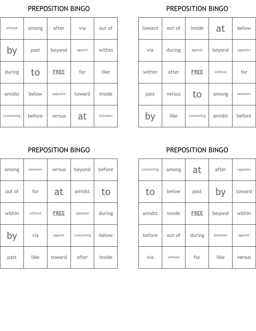 PREPOSITION BINGO - WordMint