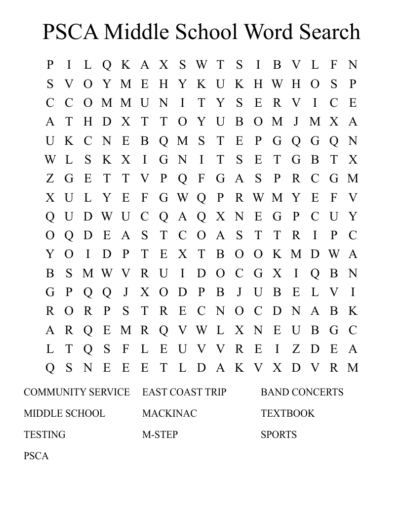 PSCA Middle School Word Search - WordMint