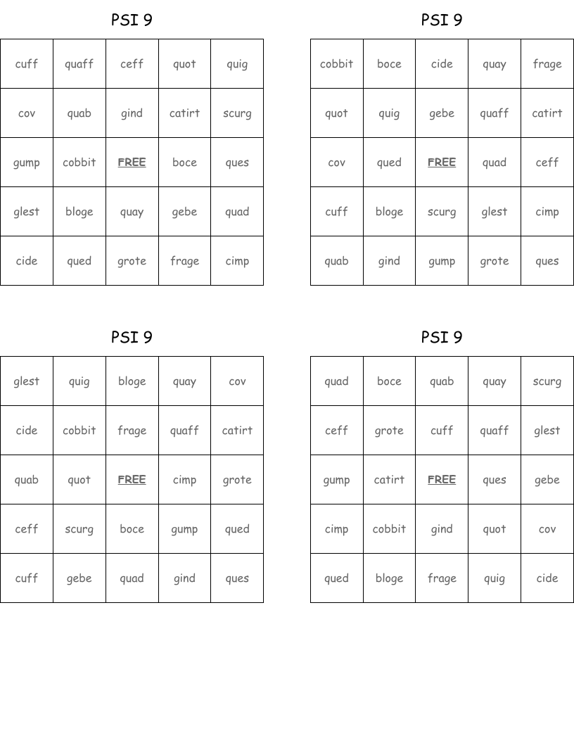 PSI 9 Bingo Cards - WordMint