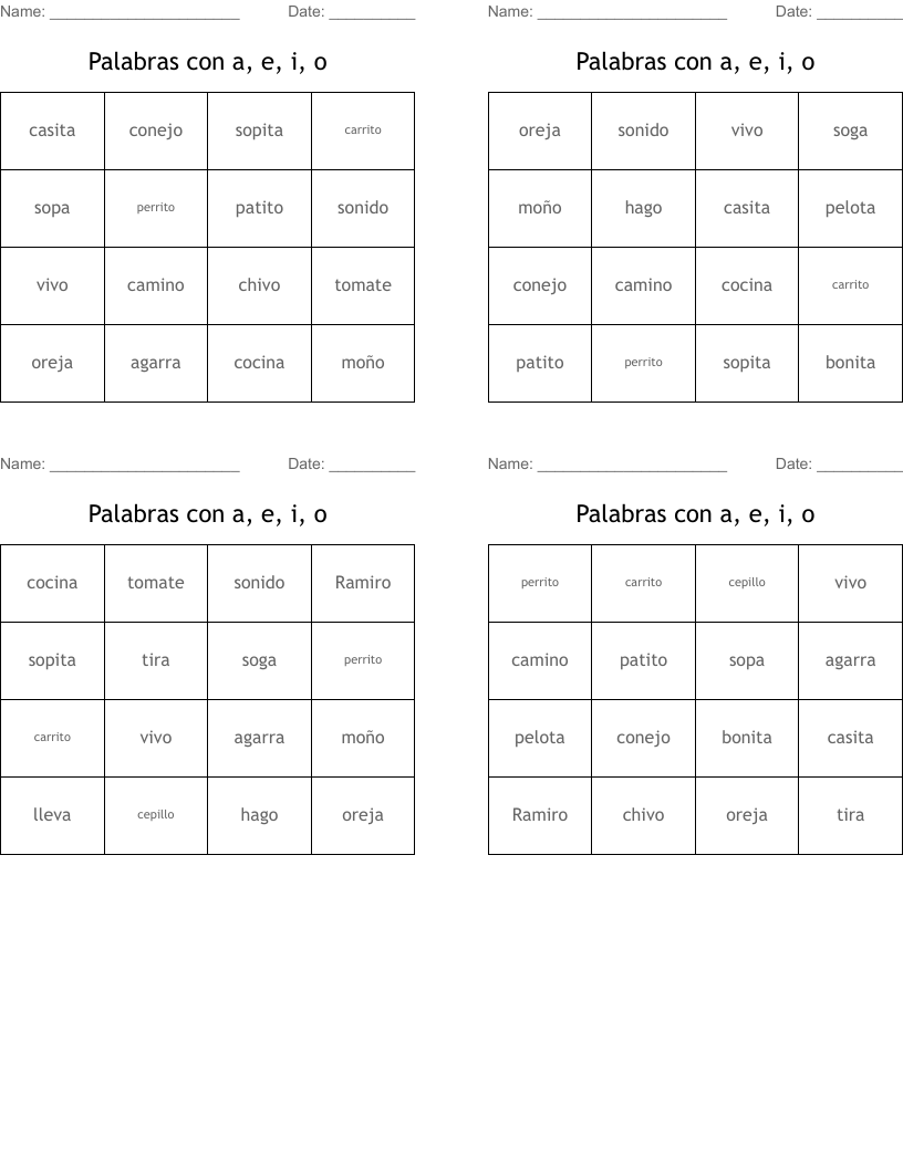 Palabras con a, e, i, o Bingo Cards - WordMint