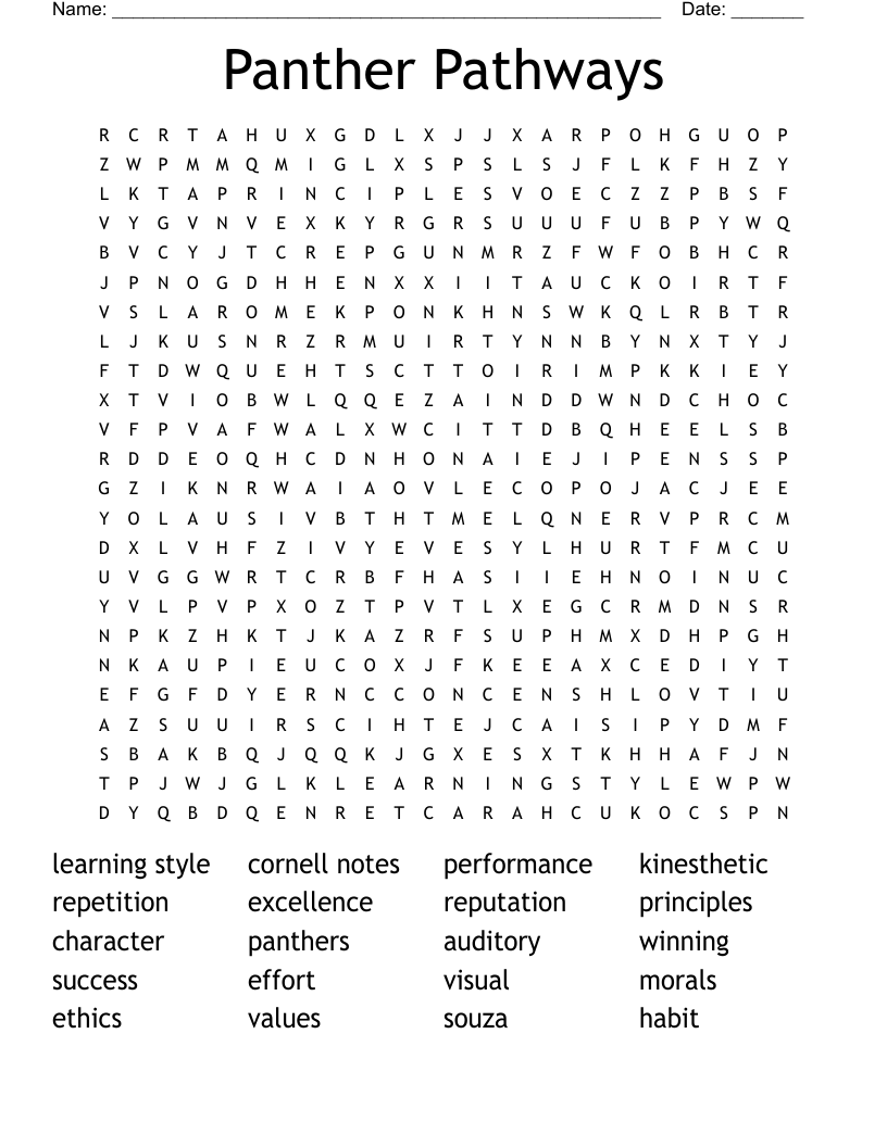 Panther Pathways Word Search - WordMint