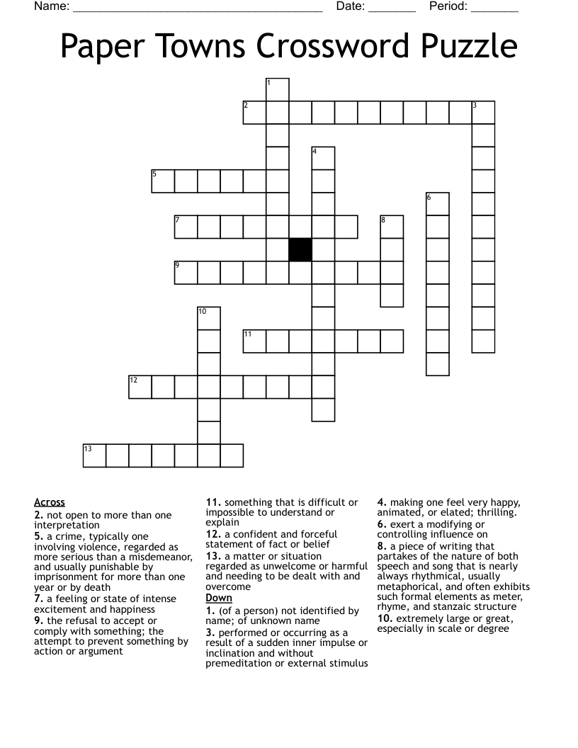 Paper Towns Crossword Puzzle - WordMint