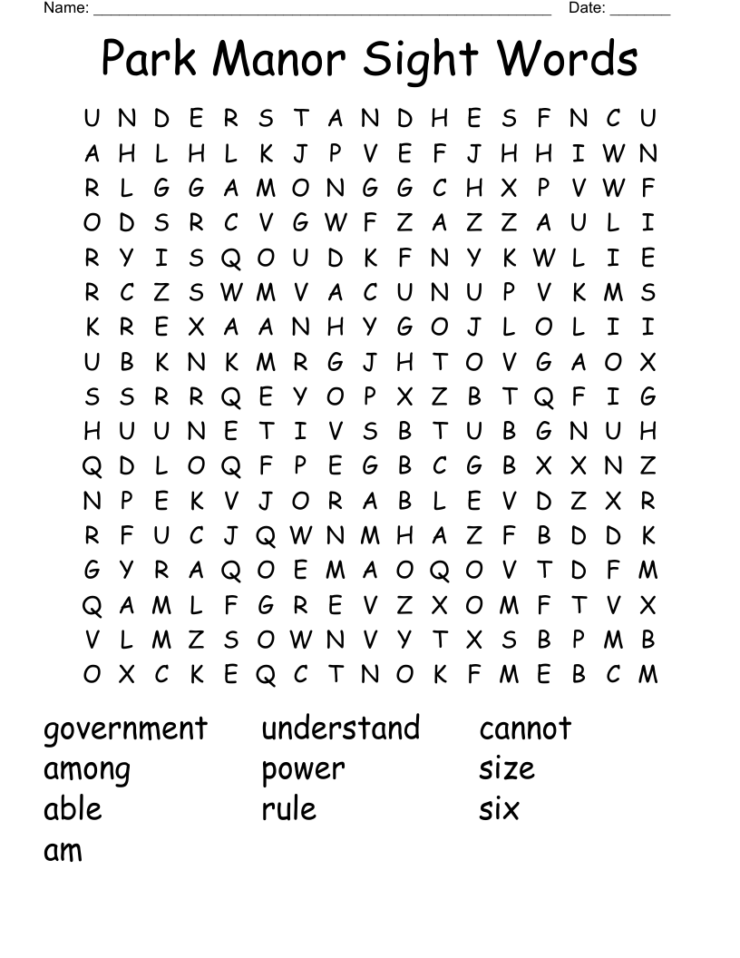 Park Manor Sight Words Word Search - WordMint