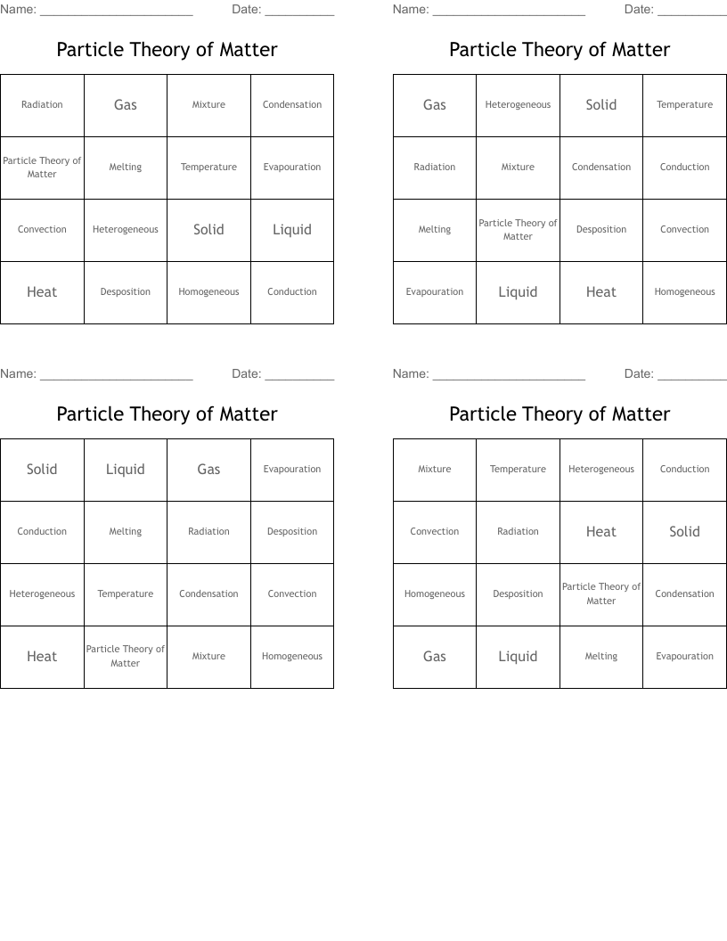 Particle Theory of Matter Bingo Cards - WordMint