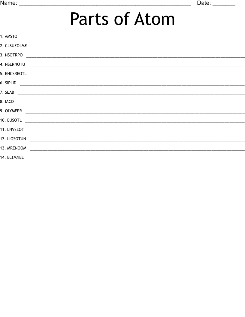 Parts of Atom Word Scramble - WordMint