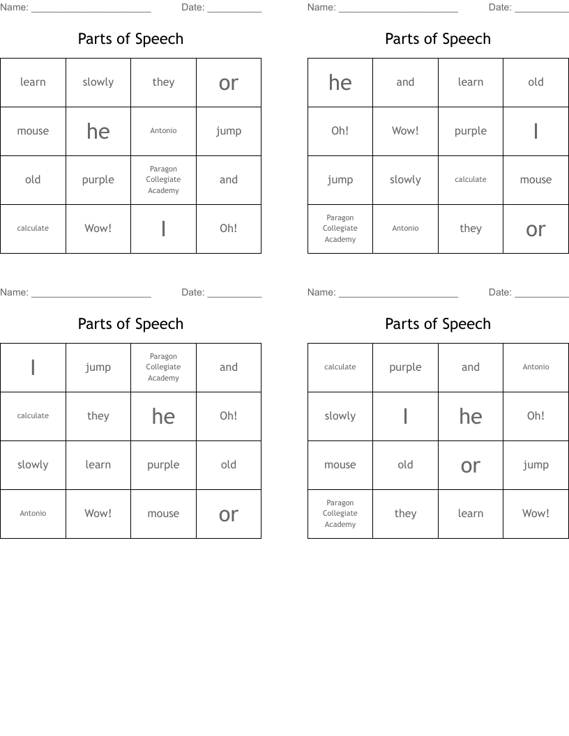 Parts of Speech Bingo Cards - WordMint