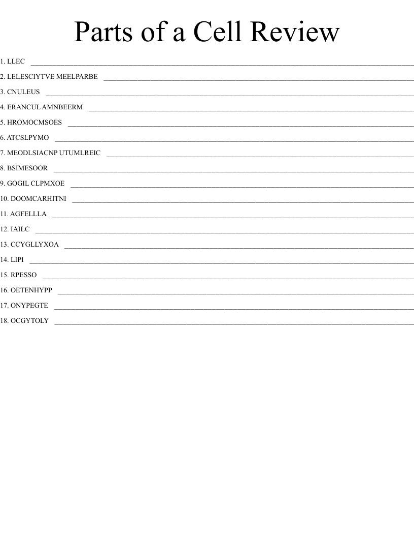 Parts of a Cell Review Word Scramble - WordMint