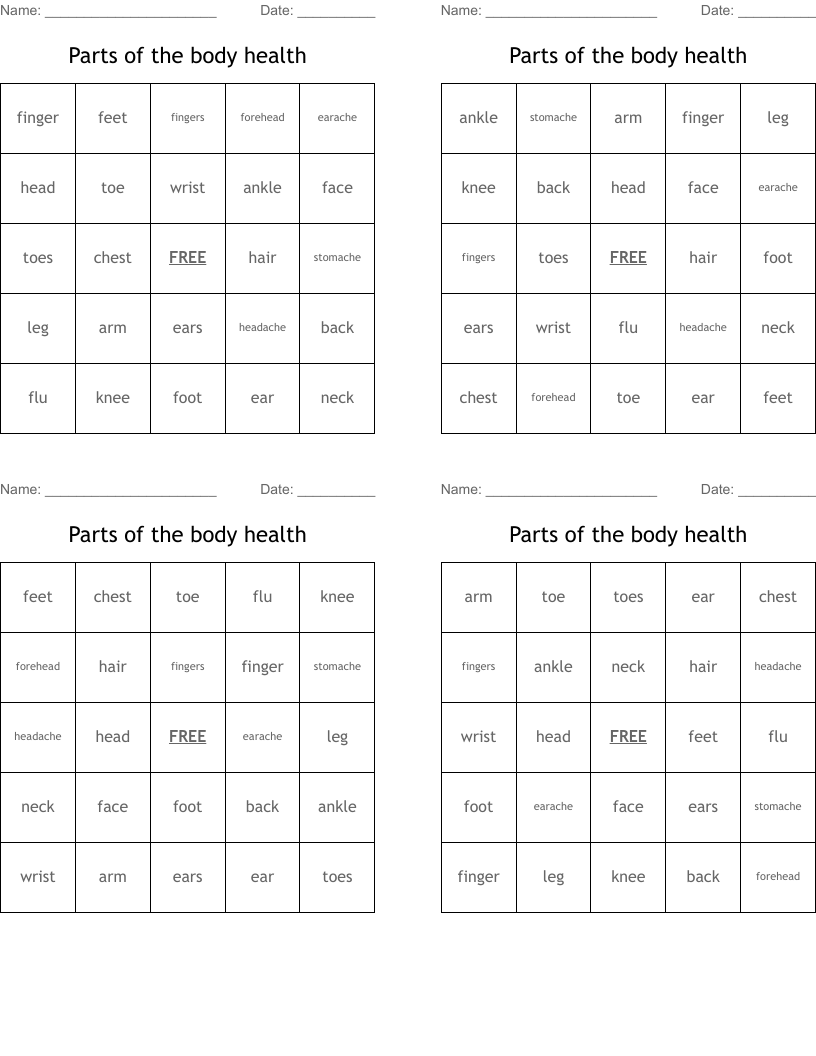 Parts Of The Body Health Bingo Cards WordMint