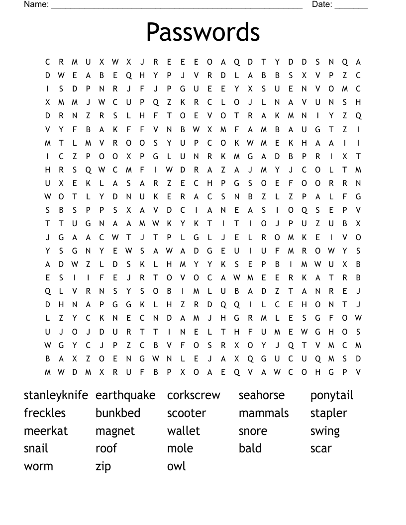 Passwords Word Search - WordMint