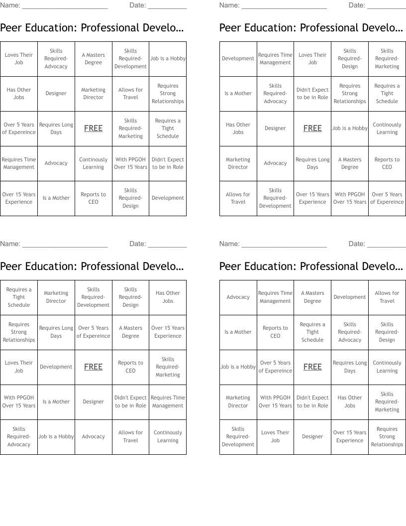 Peer Education: Professional Development Bingo Cards - WordMint