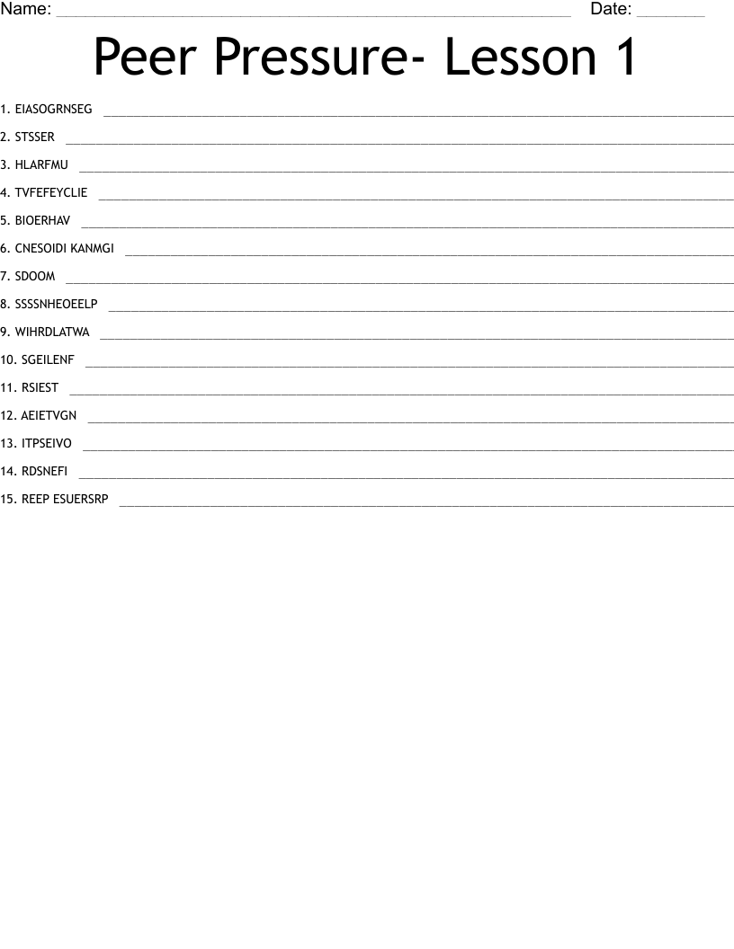 Peer Pressure- Lesson 1 Word Scramble - WordMint
