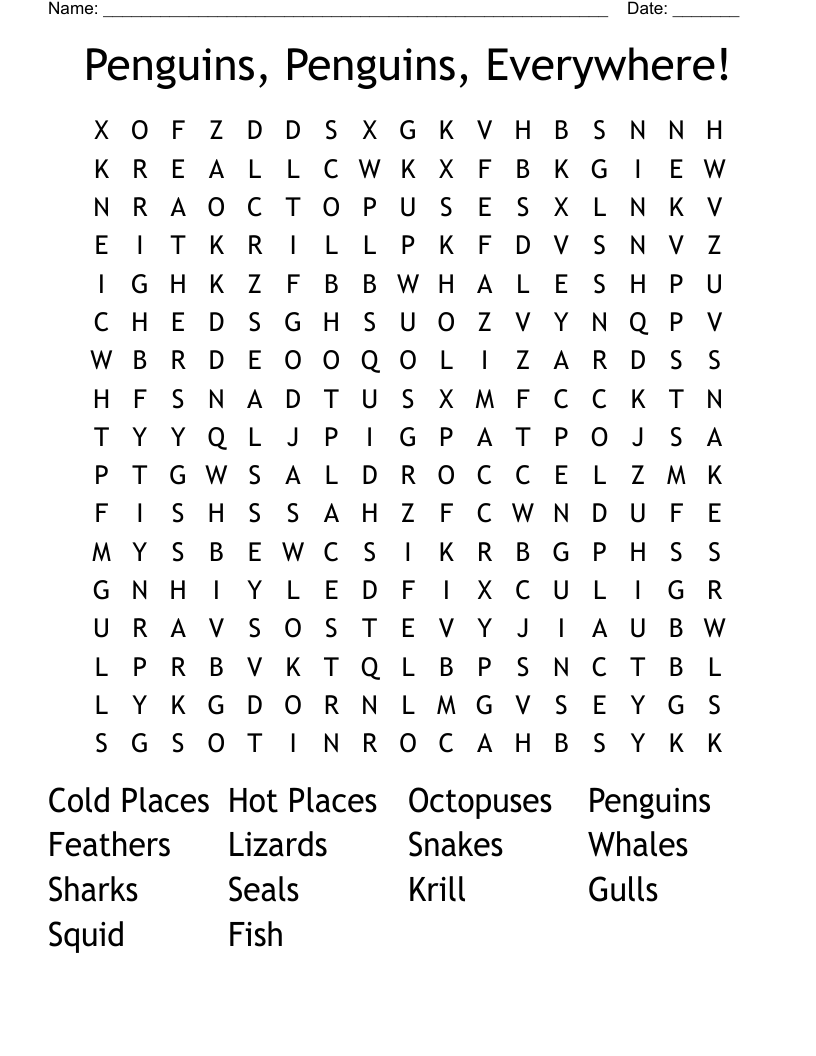 Penguins, Penguins, Everywhere! Word Search - WordMint