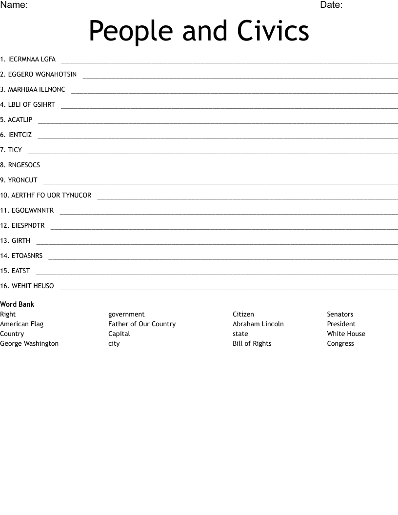 People and Civics Word Scramble - WordMint