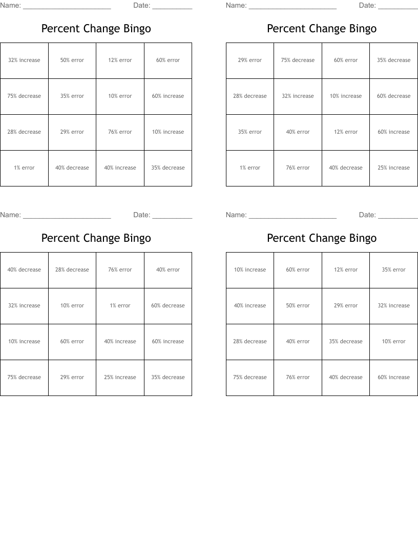 Percent Change Bingo - WordMint