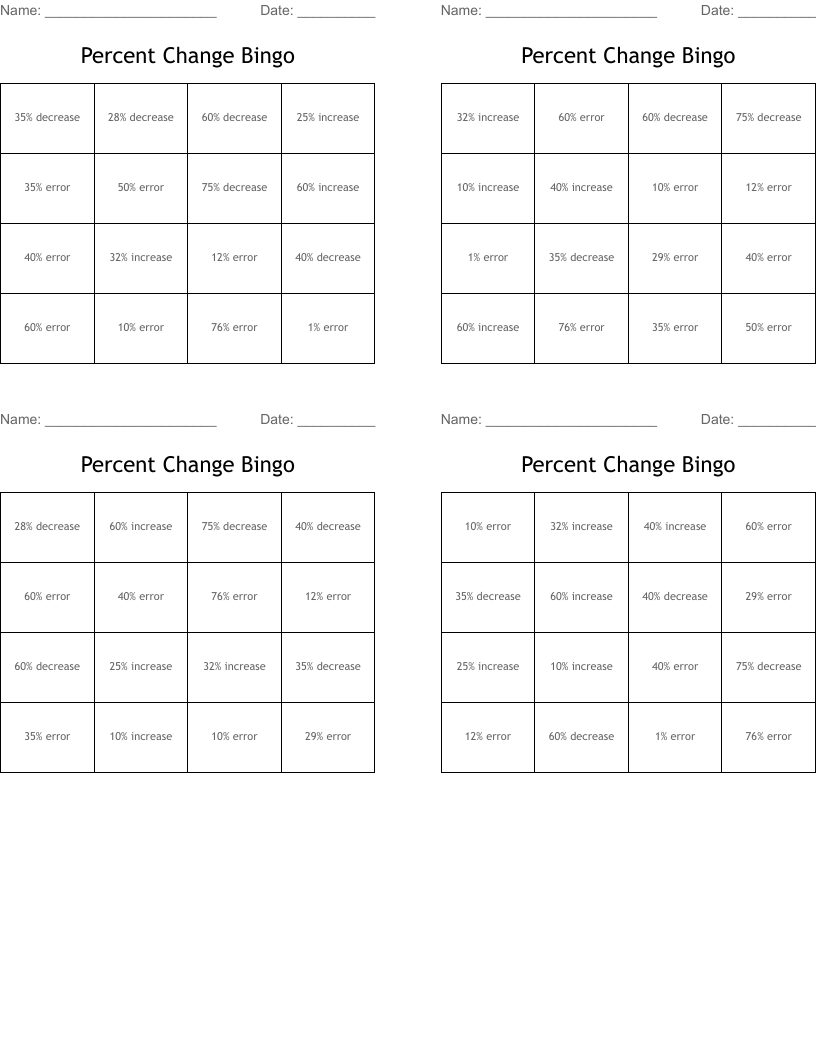 Percent Change Bingo - WordMint