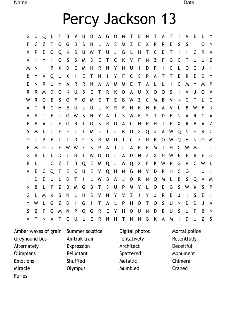 Percy Jackson 13 Word Search - WordMint