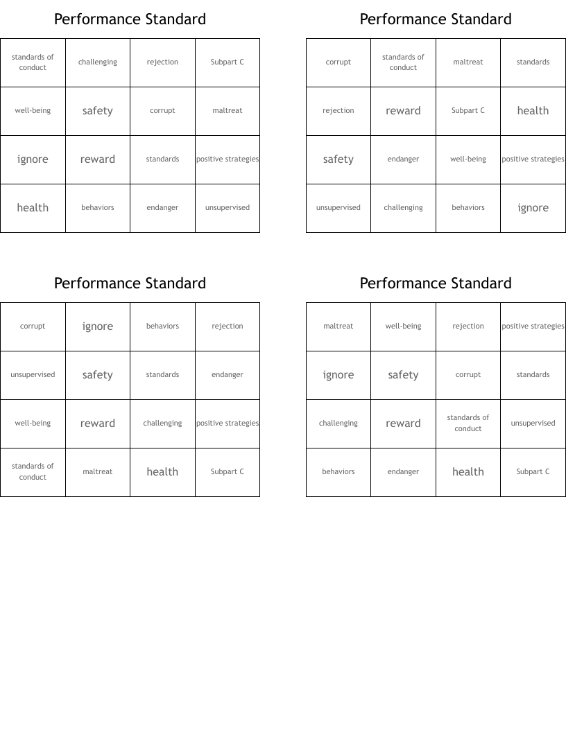 Performance Standard Bingo Cards - WordMint