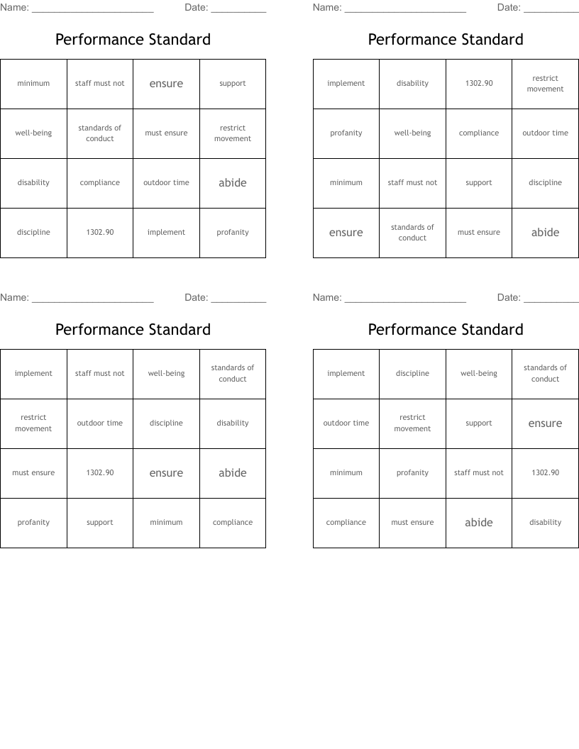 Performance Standard Bingo Cards - WordMint