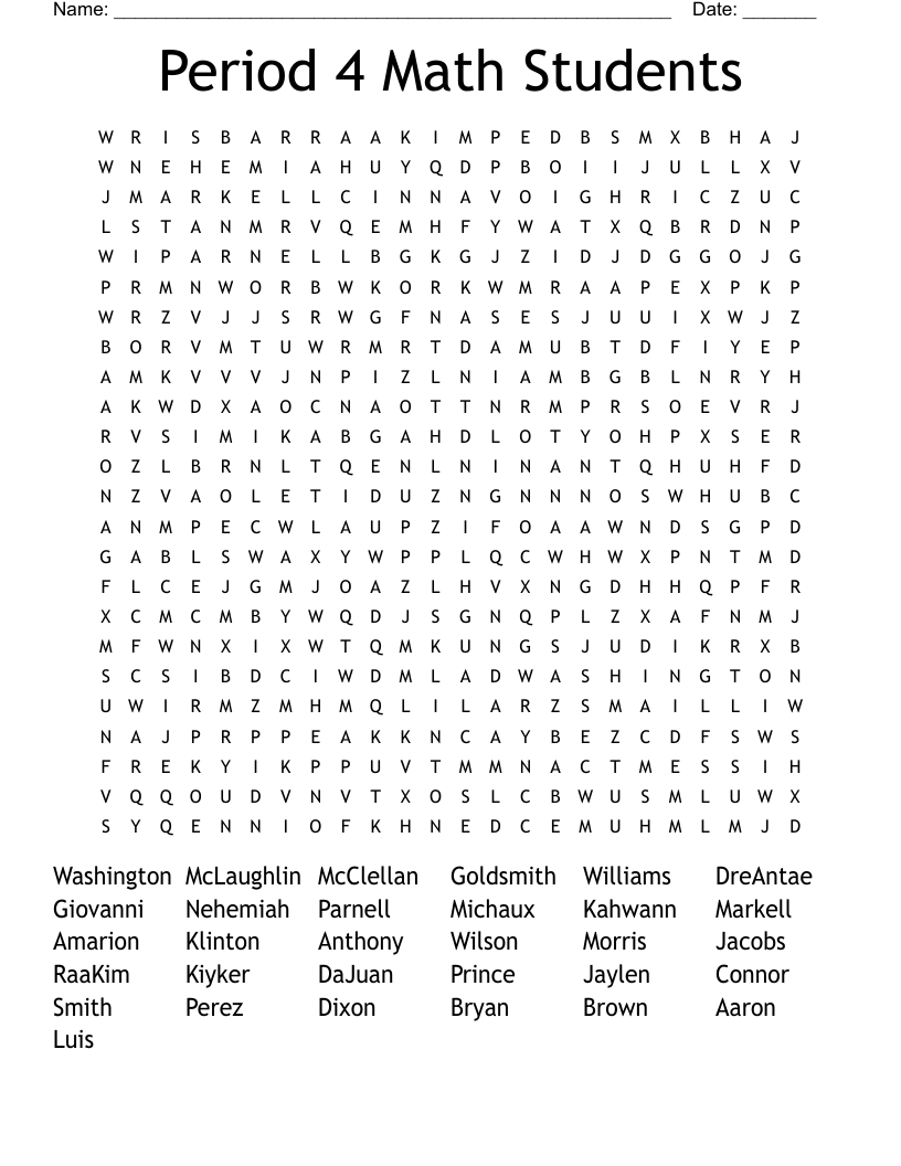 Period 4 Math Students Word Search - WordMint