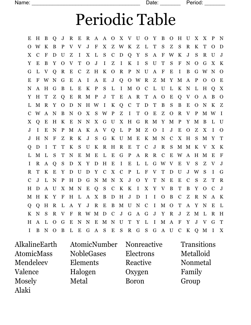Periodic Table Word Search - WordMint