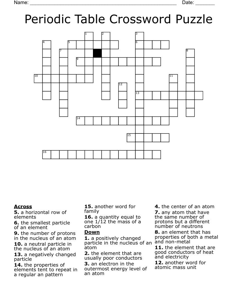 Periodic Table Crossword Puzzle Answer Key