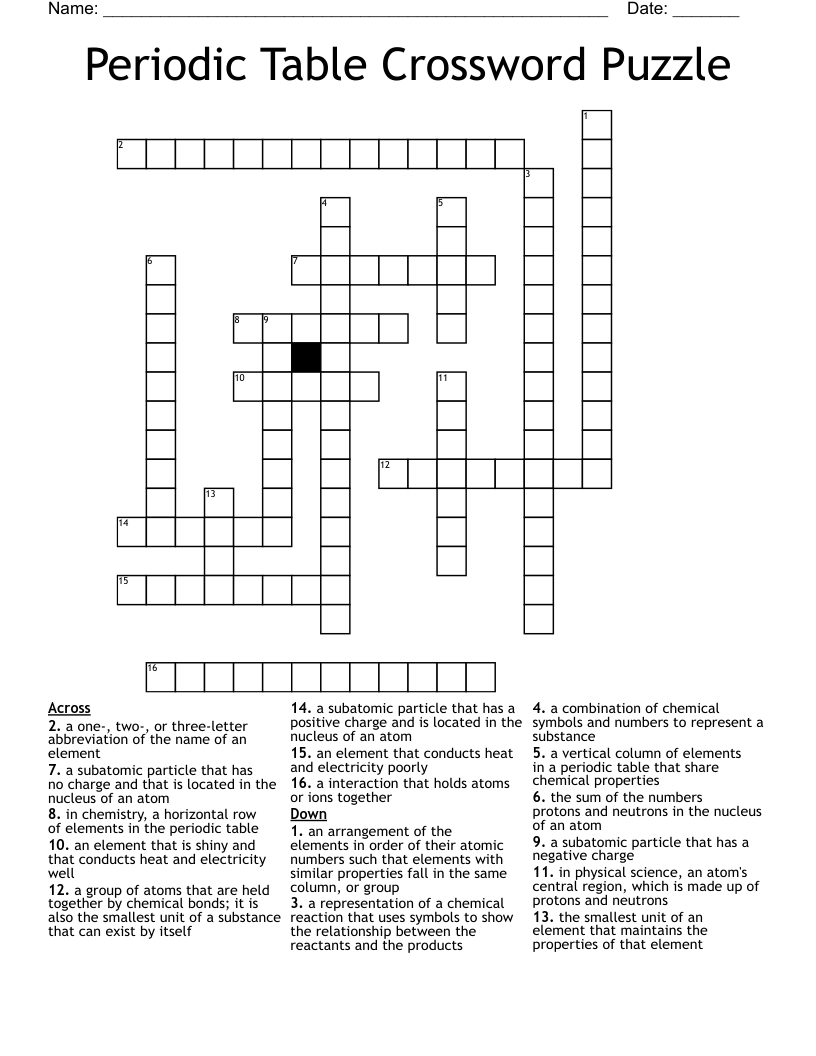 Periodic Table Vocabulary Crossword