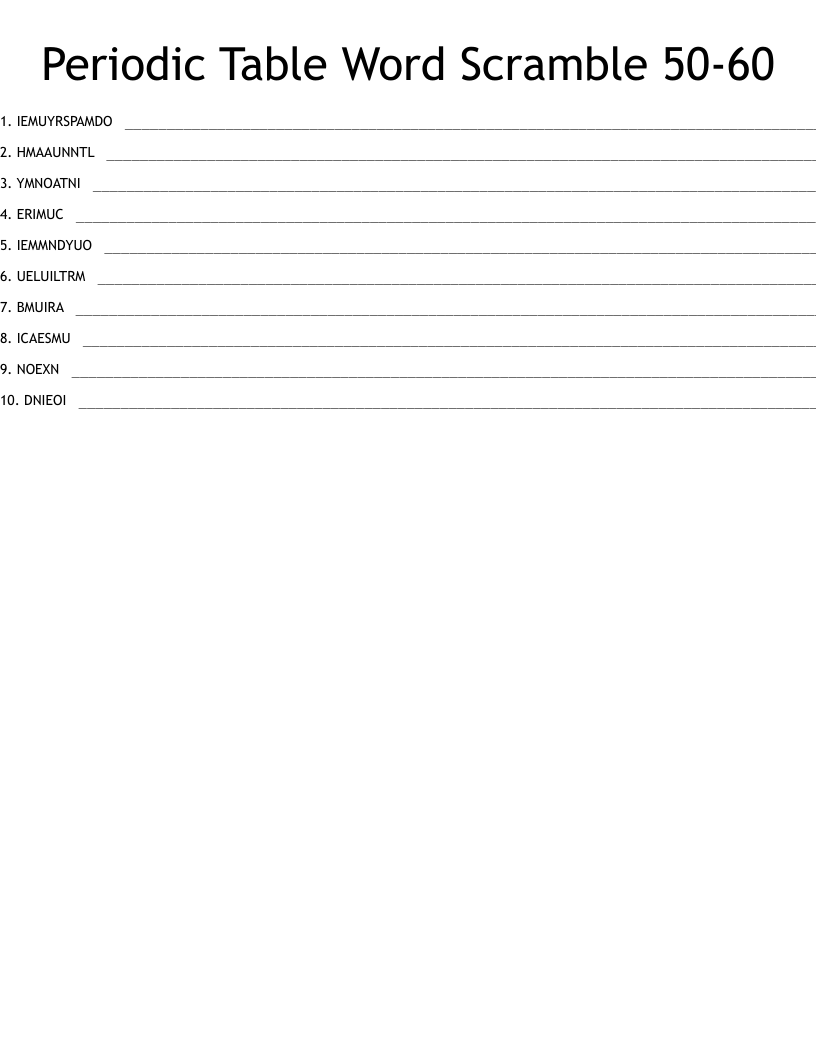 Periodic Table Word Scramble 50-60 - WordMint