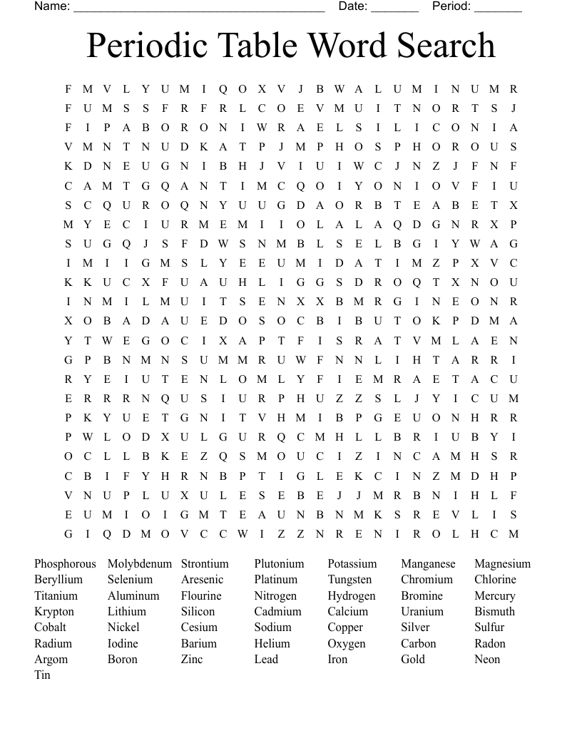 Periodic Table Word Search WordMint