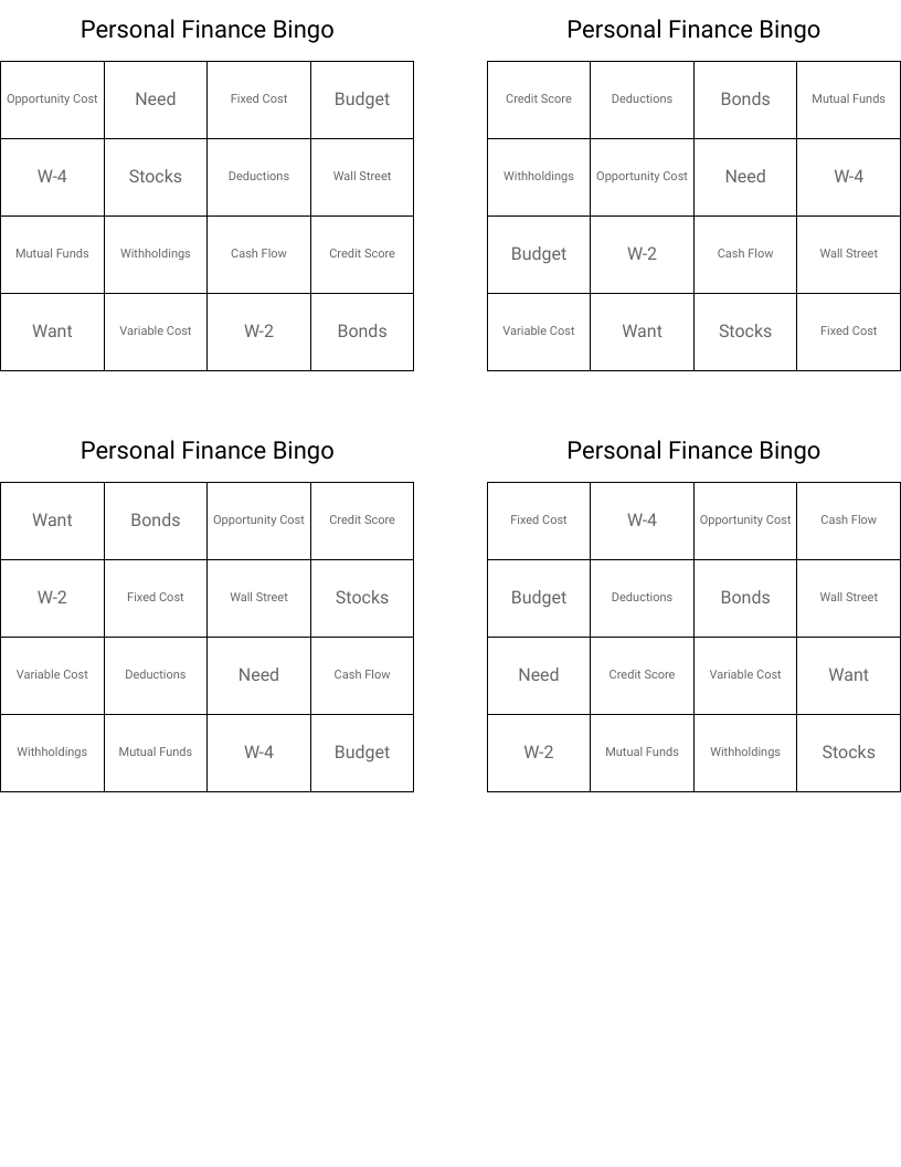 Personal Finance Bingo - WordMint