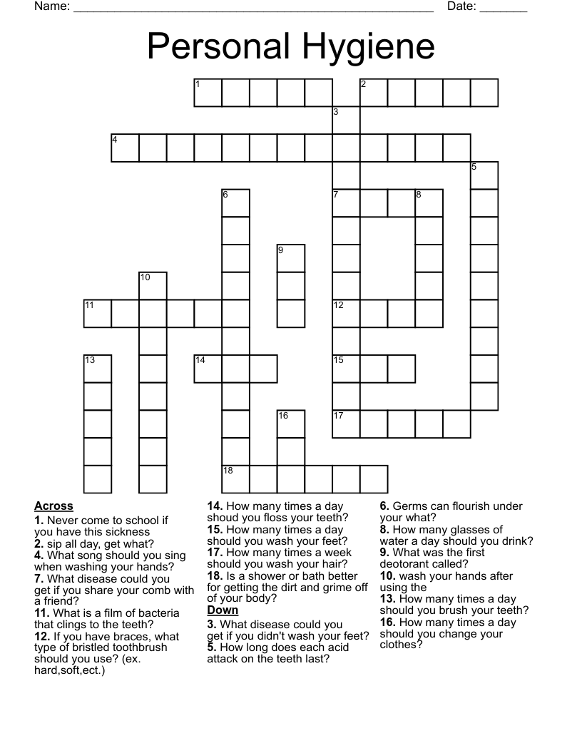 Personal Hygiene Crossword WordMint