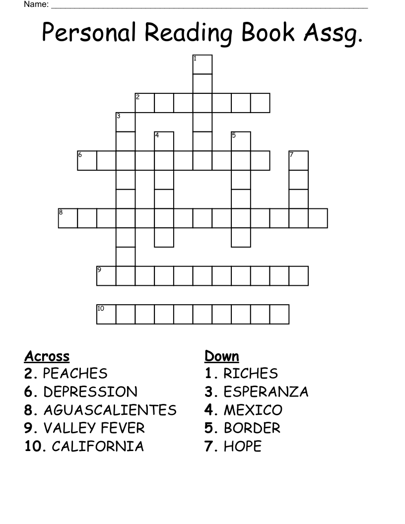 Personal Reading Book Assg. Crossword - WordMint