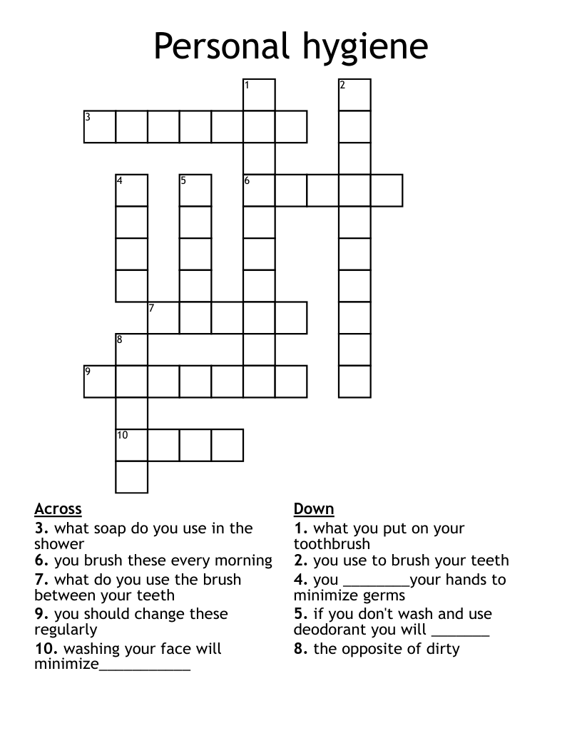 Personal Hygiene Crossword WordMint