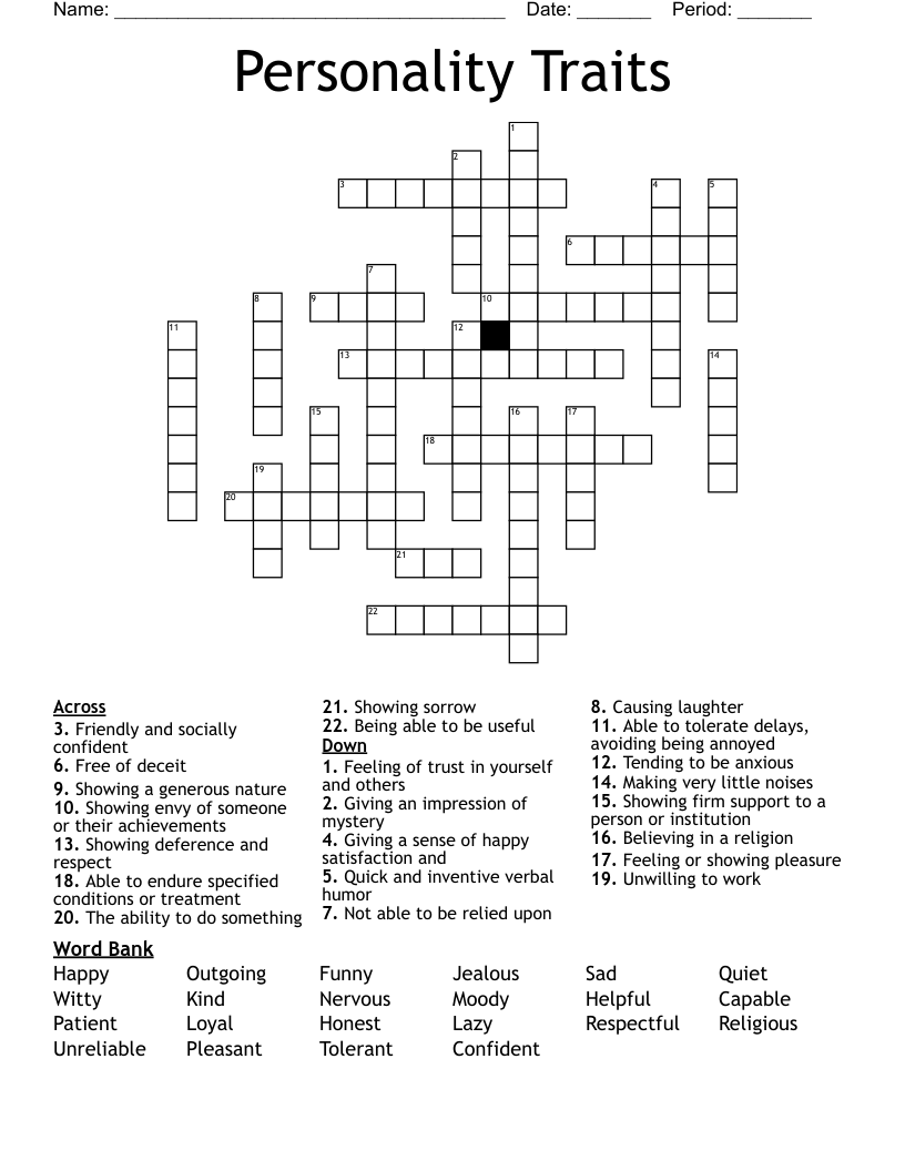 Personality Traits Crossword - WordMint