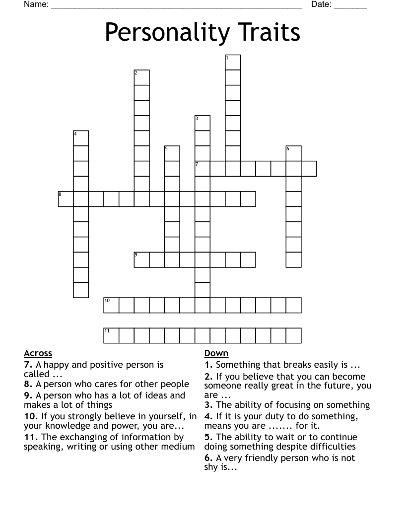 Personality Traits Crossword - WordMint