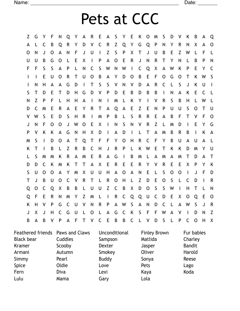 Pets at CCC Word Search - WordMint