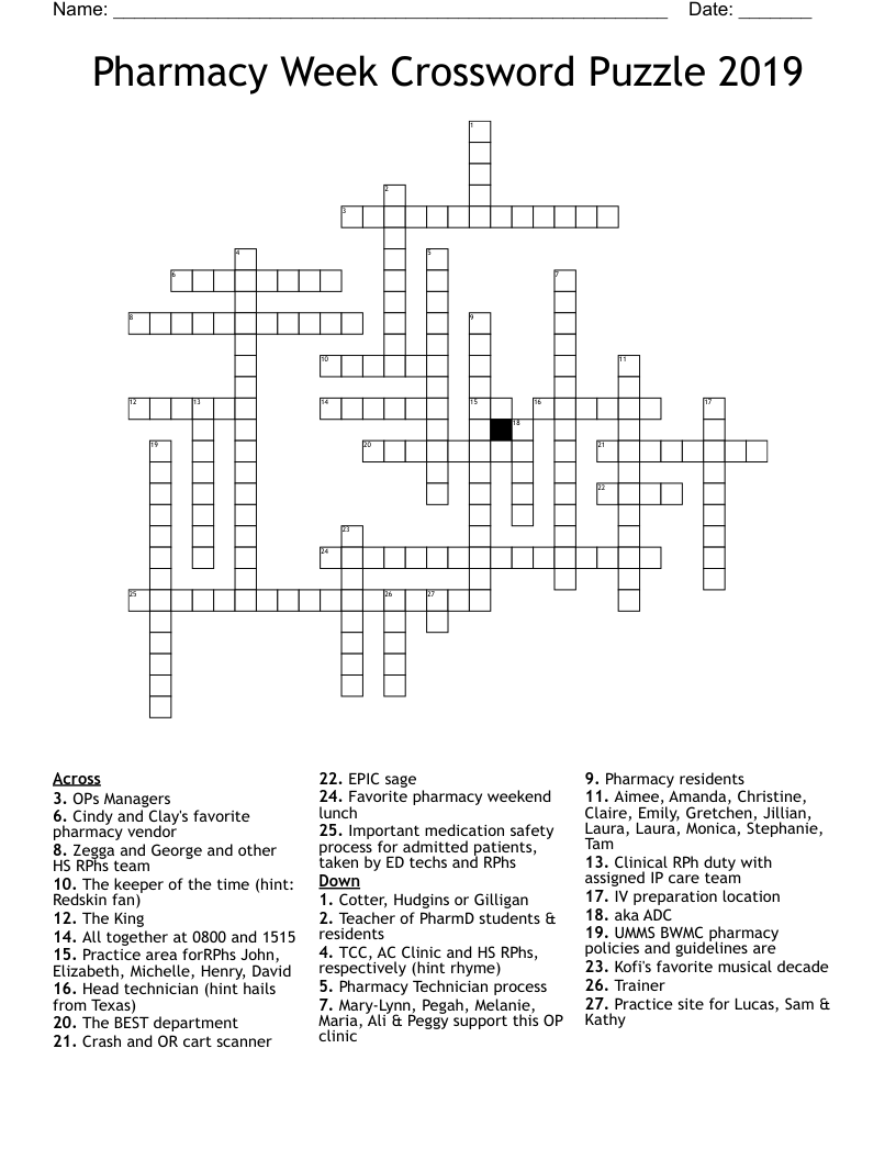 Pharmacy Week Crossword Puzzle 2019 WordMint