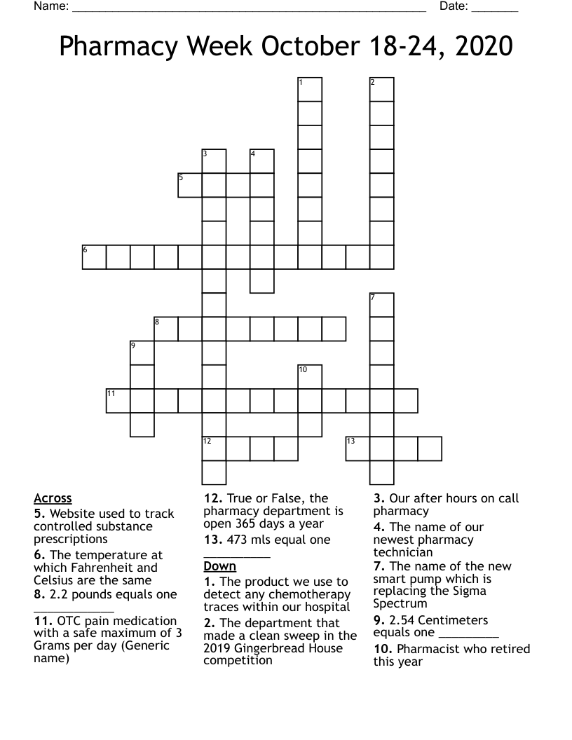 Pharmacy Week October 18-24, 2020 Crossword - WordMint