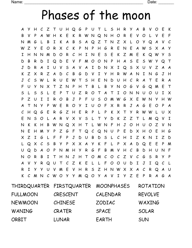 Phases of the moon Word Search - WordMint