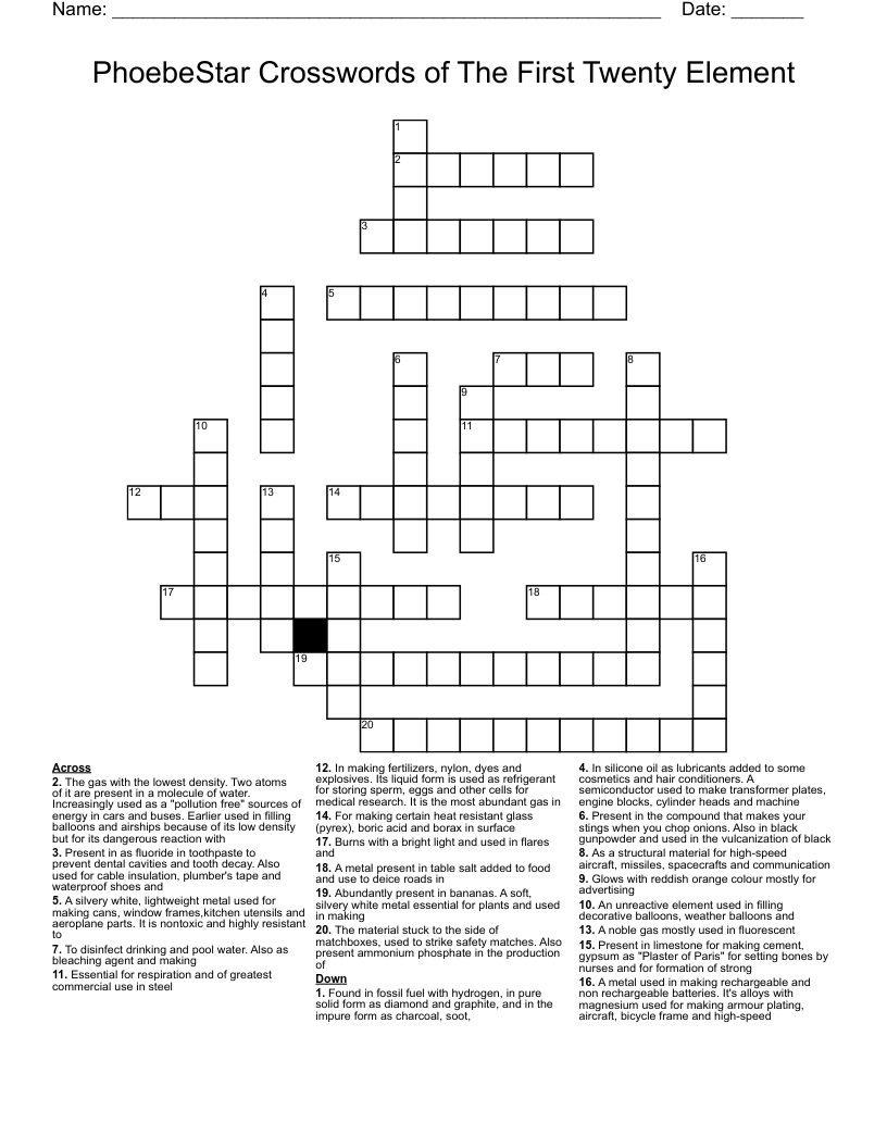 PhoebeStar Crosswords Of The First Twenty Element WordMint