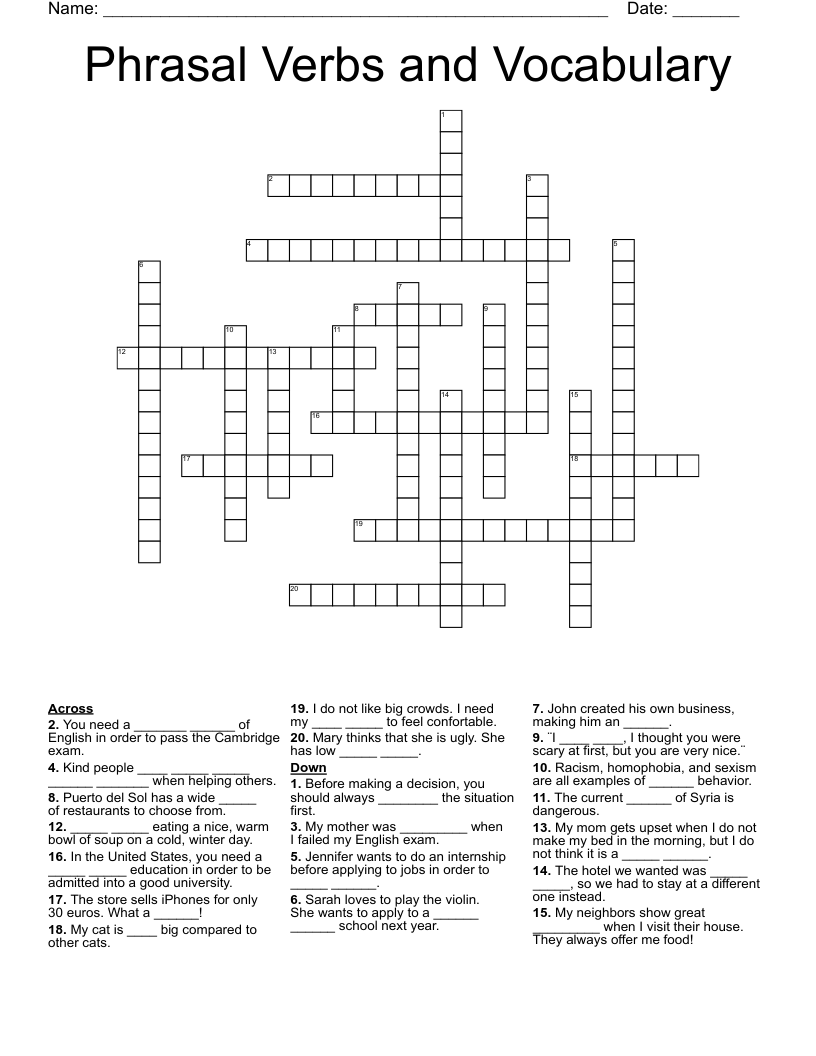 Phrasal Verbs and Vocabulary Crossword - WordMint