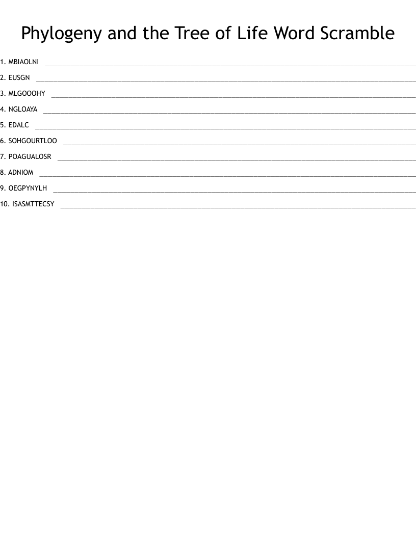 Phylogeny and the Tree of Life Word Scramble - WordMint