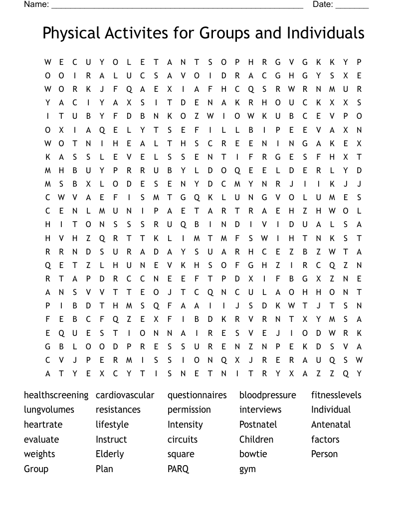 Physical Activites for Groups and Individuals Word Search - WordMint