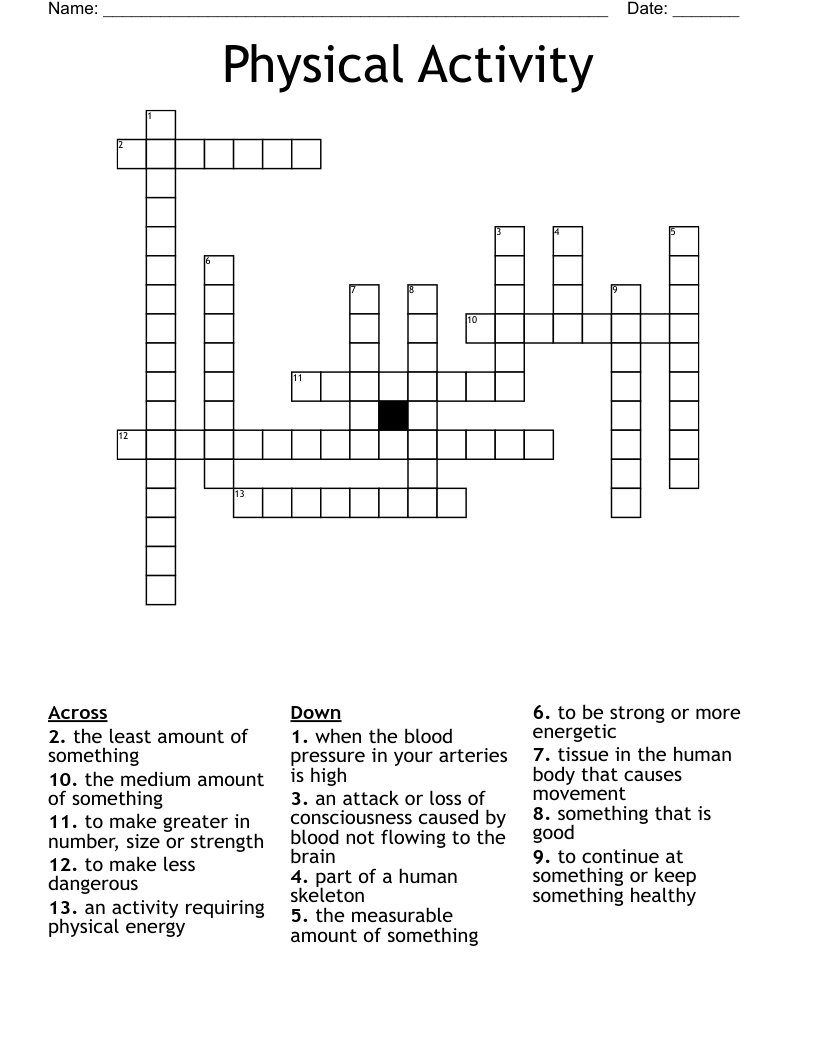 Physical Activity Crossword - WordMint