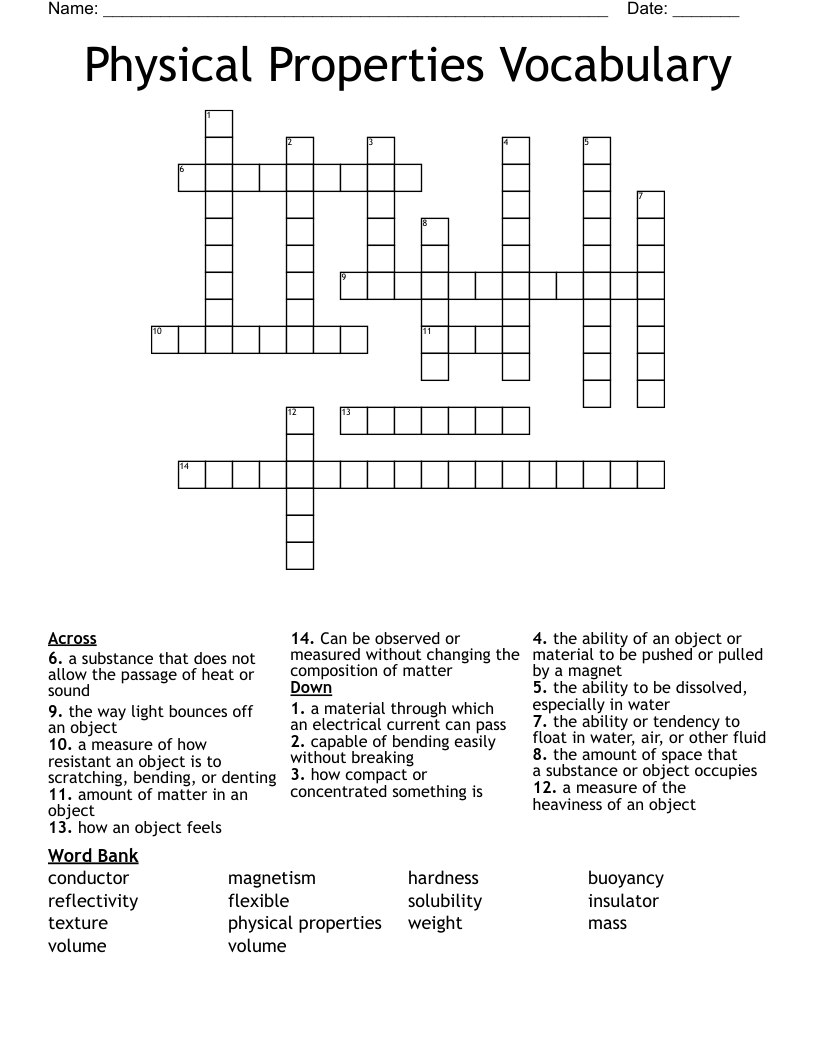Physical Properties Vocabulary Crossword - WordMint