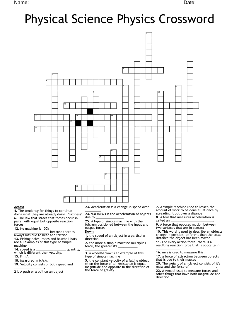 Physical Science Physics Crossword - WordMint