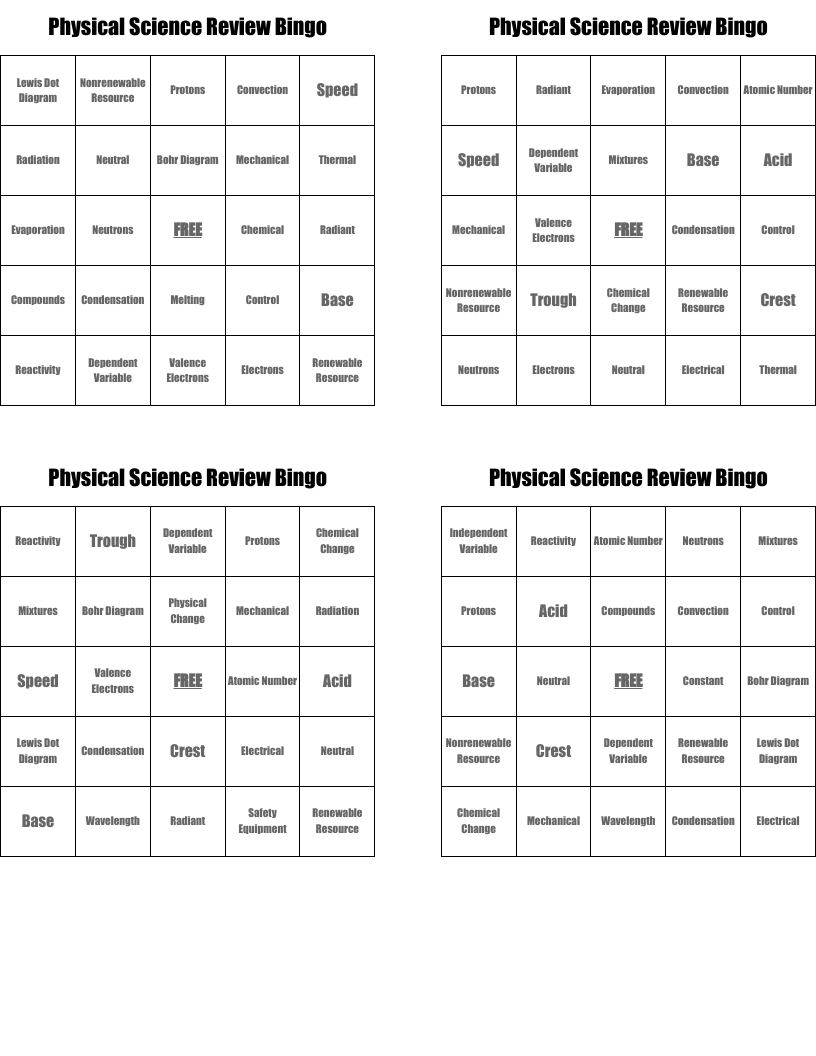 Physical Science Review Bingo - WordMint